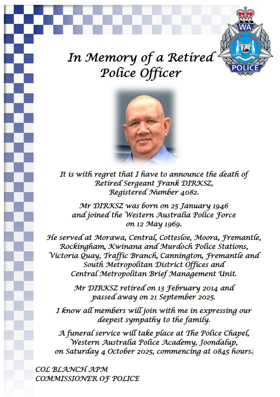 Vale. Retired Sergeant Frank DIRKSZ, Registered Number 4082. – Retired ...